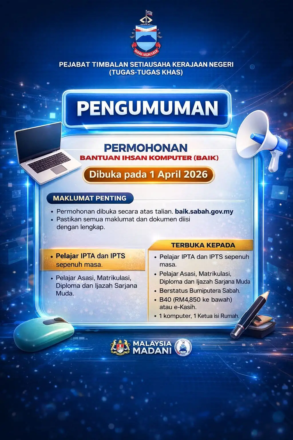 BANTUAN IHSAN KOMPUTER (BAIK) 2026 - SEMAK KELAYAKAN & CARA MOHON ...